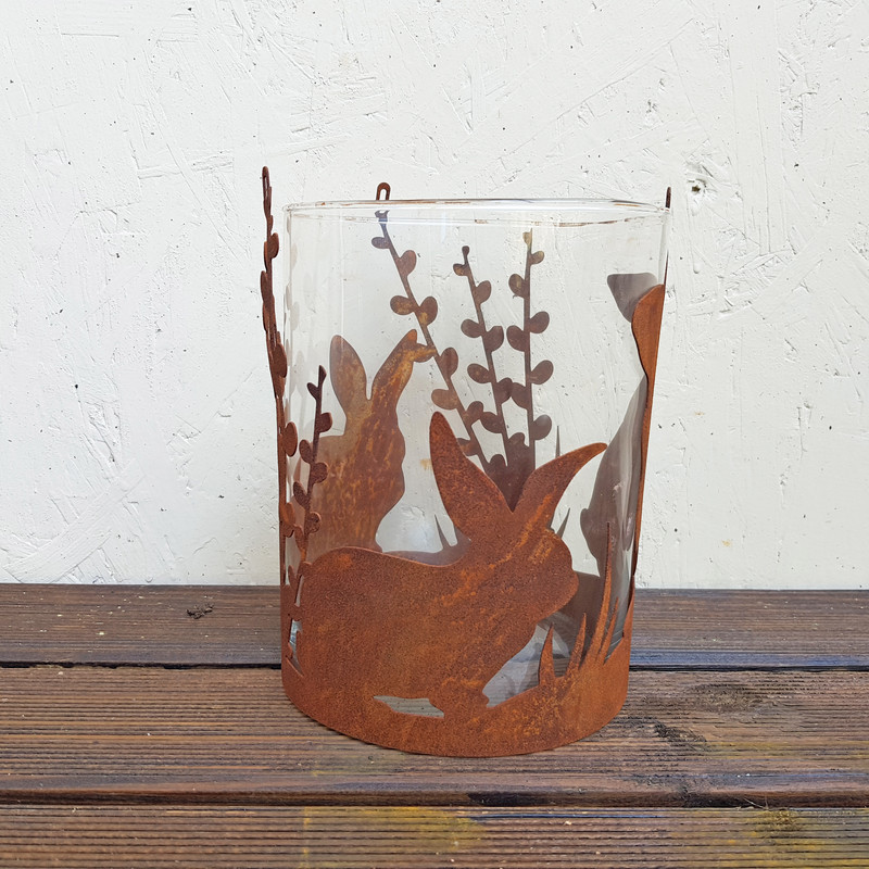 Photophore lapins en fer rouillé, 15x20cm